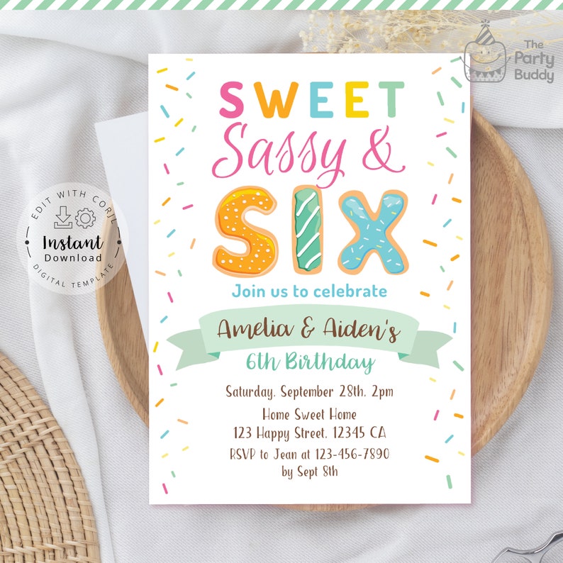 Editable Sweet Sassy Six Invitation | Boy Girl Twins Join 6th Sweet ...