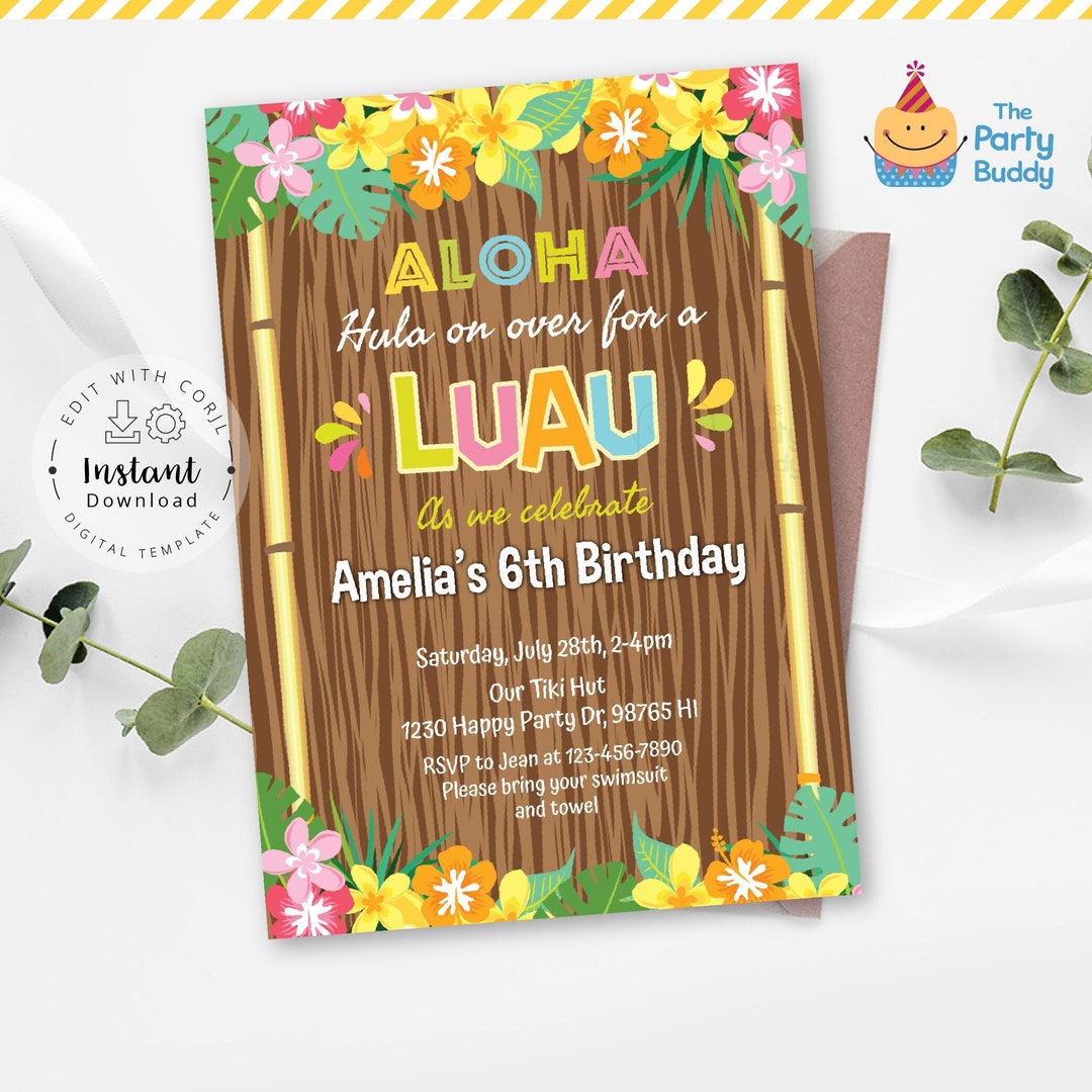 Editable Hawaiian Luau Invitation | Summer Birthday Colorful Pool Party ...
