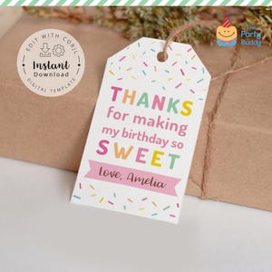 Editable Sweet Birthday Thank You Tag | Girls Rainbow Sprinkle Party ...