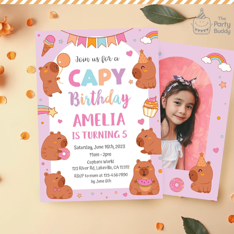Editable Capybara Girl Invitation Cute Capybara Cappy Birthday Party ...