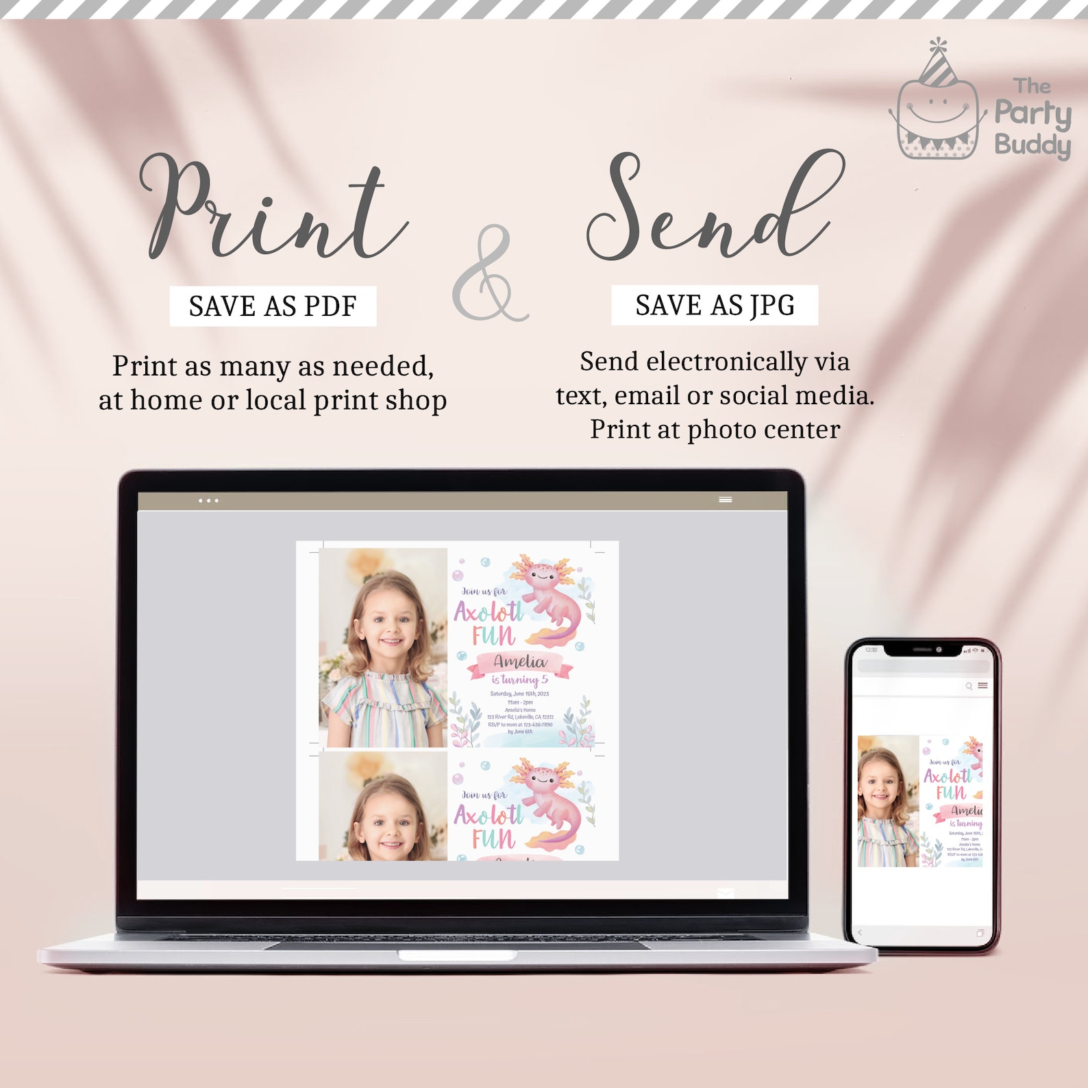 Editable Axolotl Photo Invitation | Cute Smiley Pink Axolot Girls ...