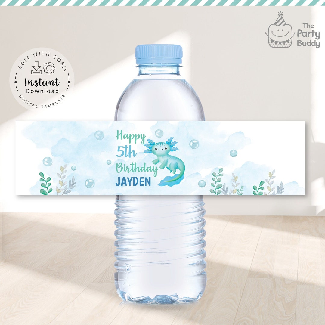 Blue Axolotl Bottle Label Editable | Boys Birthday Party Water Bottle ...