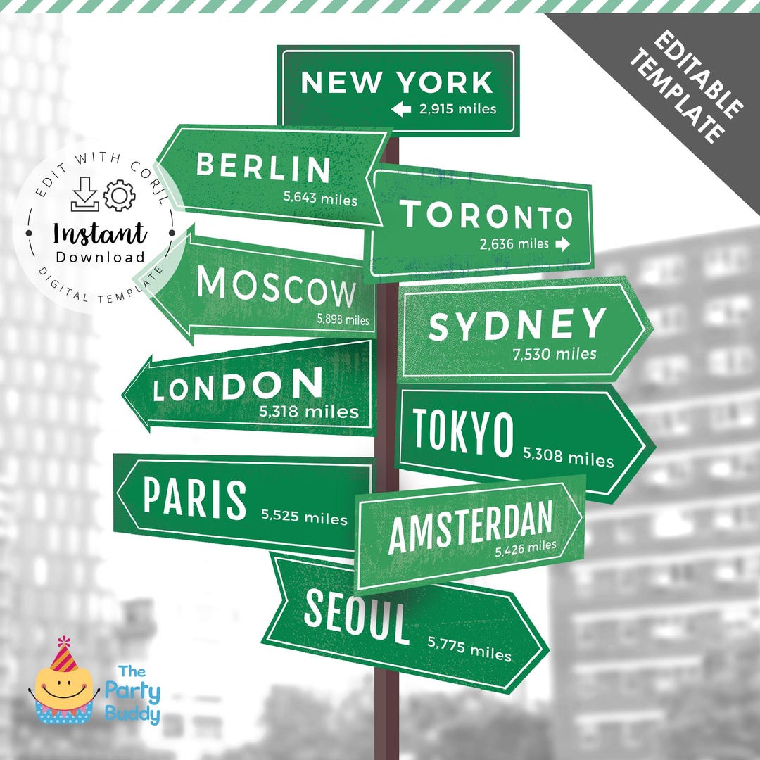 Editable International City Signs Decor | Travel Party Destination ...