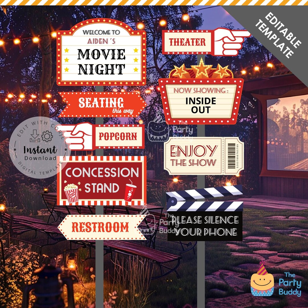 Editable Movie Party Signs Decoration | Movie Night Home Theater ...