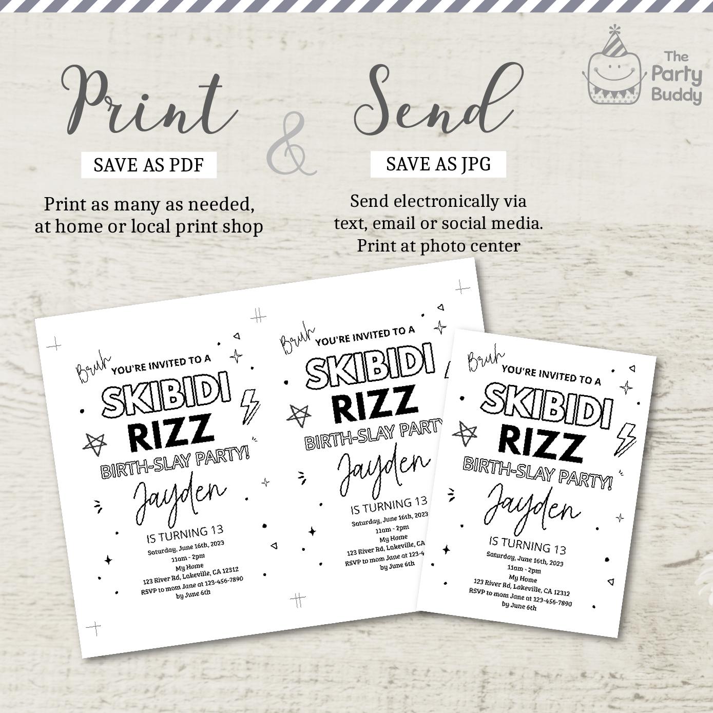 Skibidi Rizz Gen A Slang Birthday Invitation | Teenager Boy Minimal ...