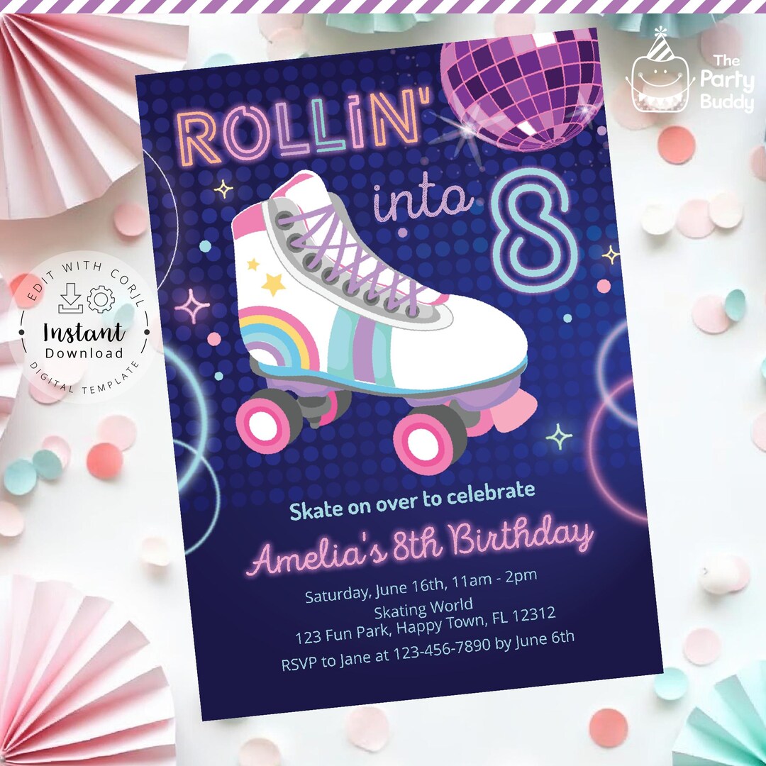 Editable Roller Skate Birthday Invitation | Rolling Into 8 Retro Neon ...