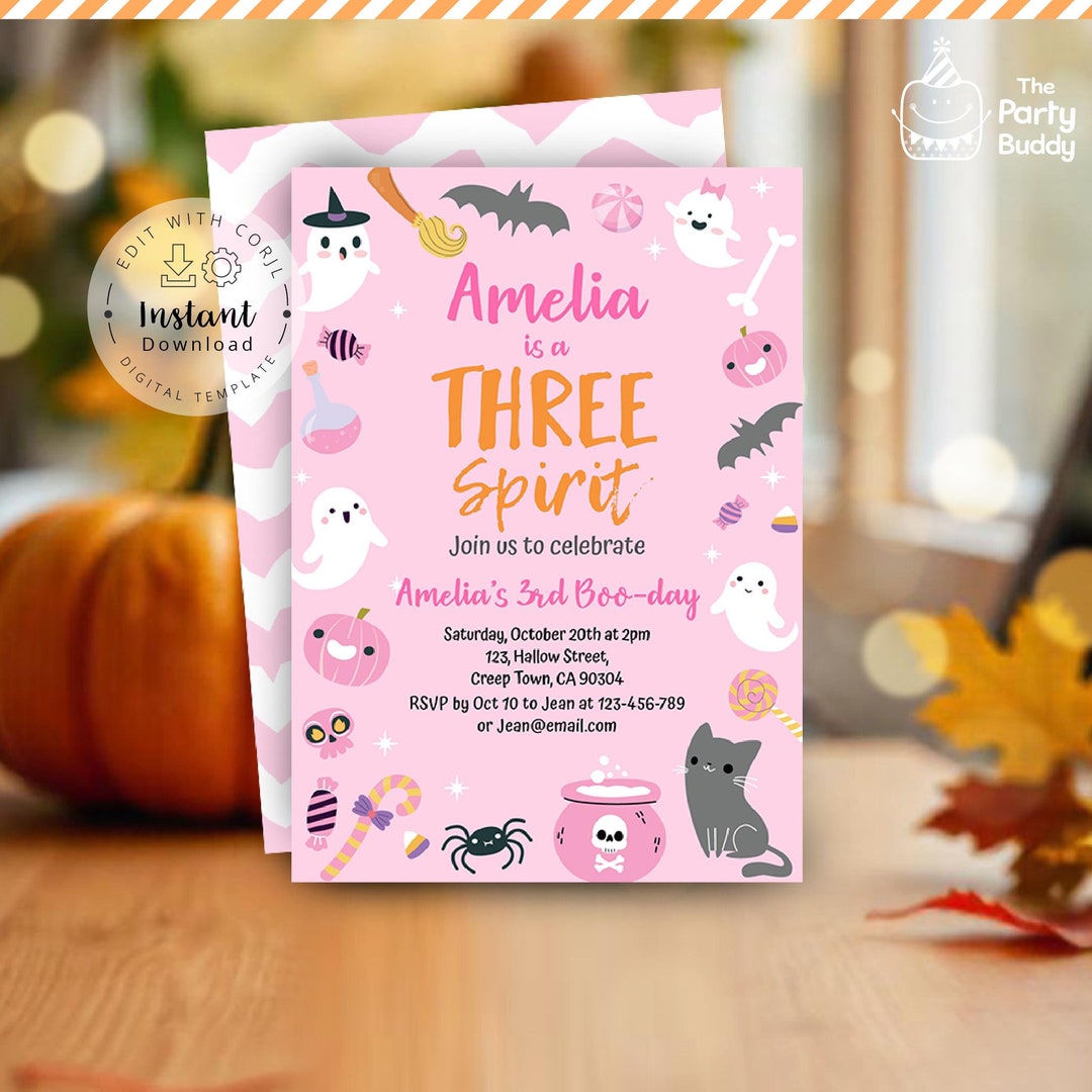 Editable THREE Spirit Girls 3rd Birthday Invitation | Halloween Party ...