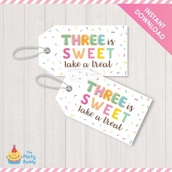 THREE is Sweet Party Favor Tag Printable Girls 3rd Birthday - Etsy