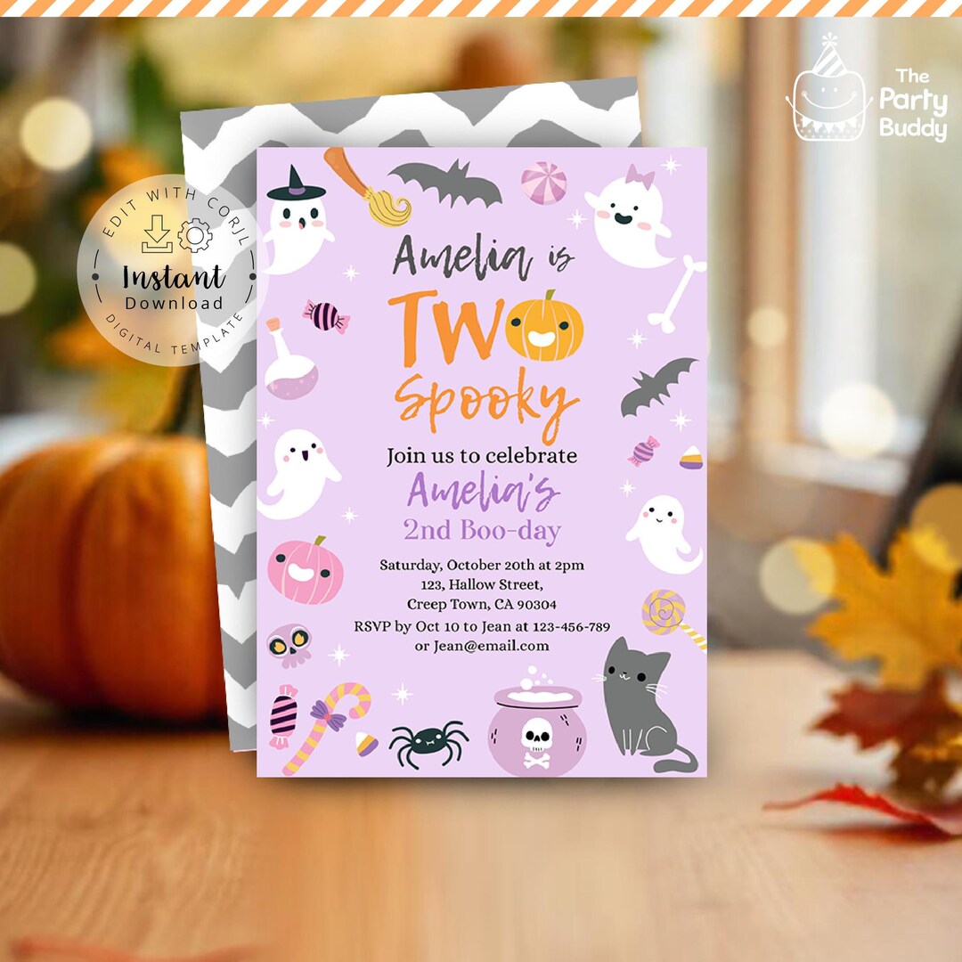 Editable Halloween TWO Spooky Girls 2nd Birthday Invitation | Pastel ...