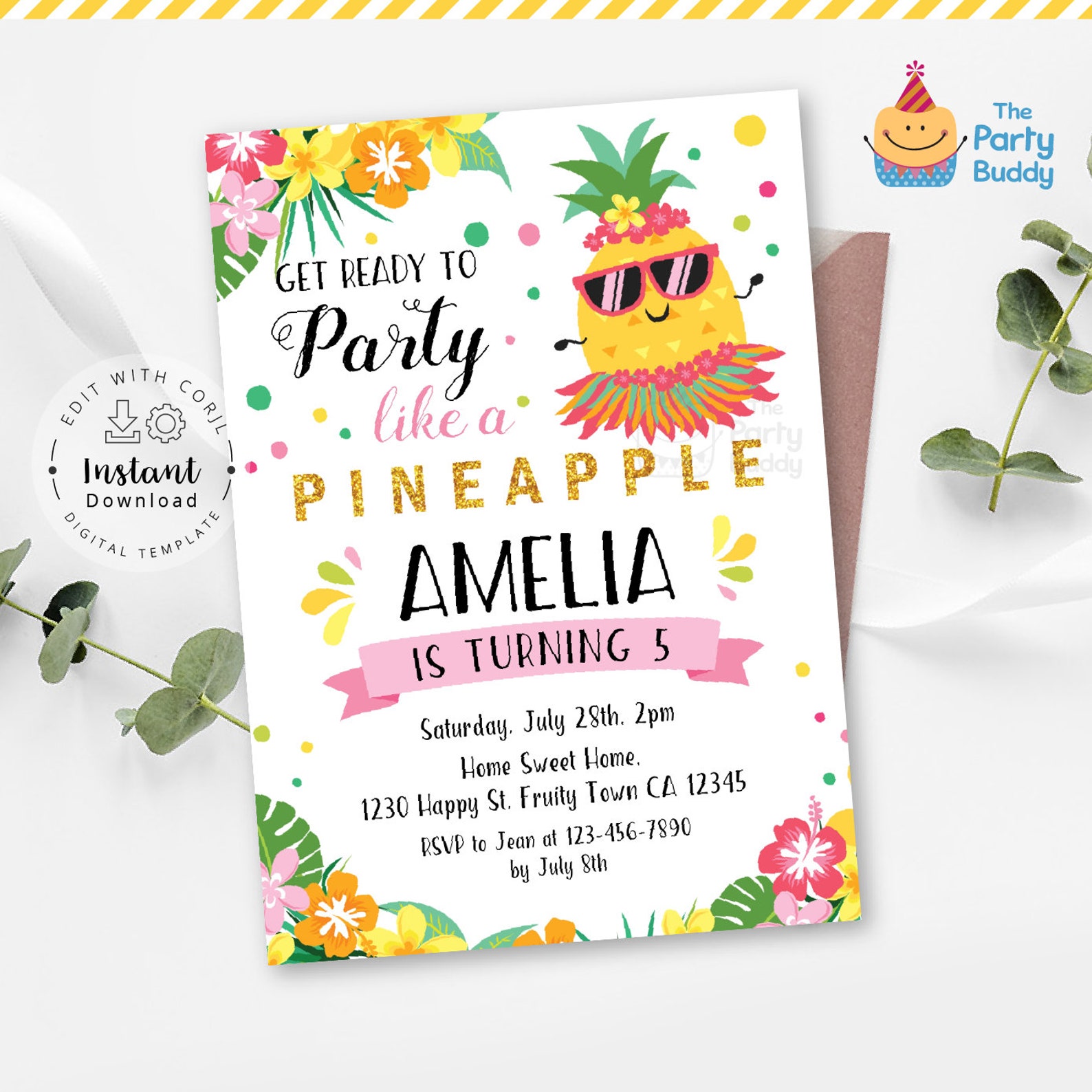 Editable Pineapple Party Invitation | Girls Birthday | Hawaiian Luau ...