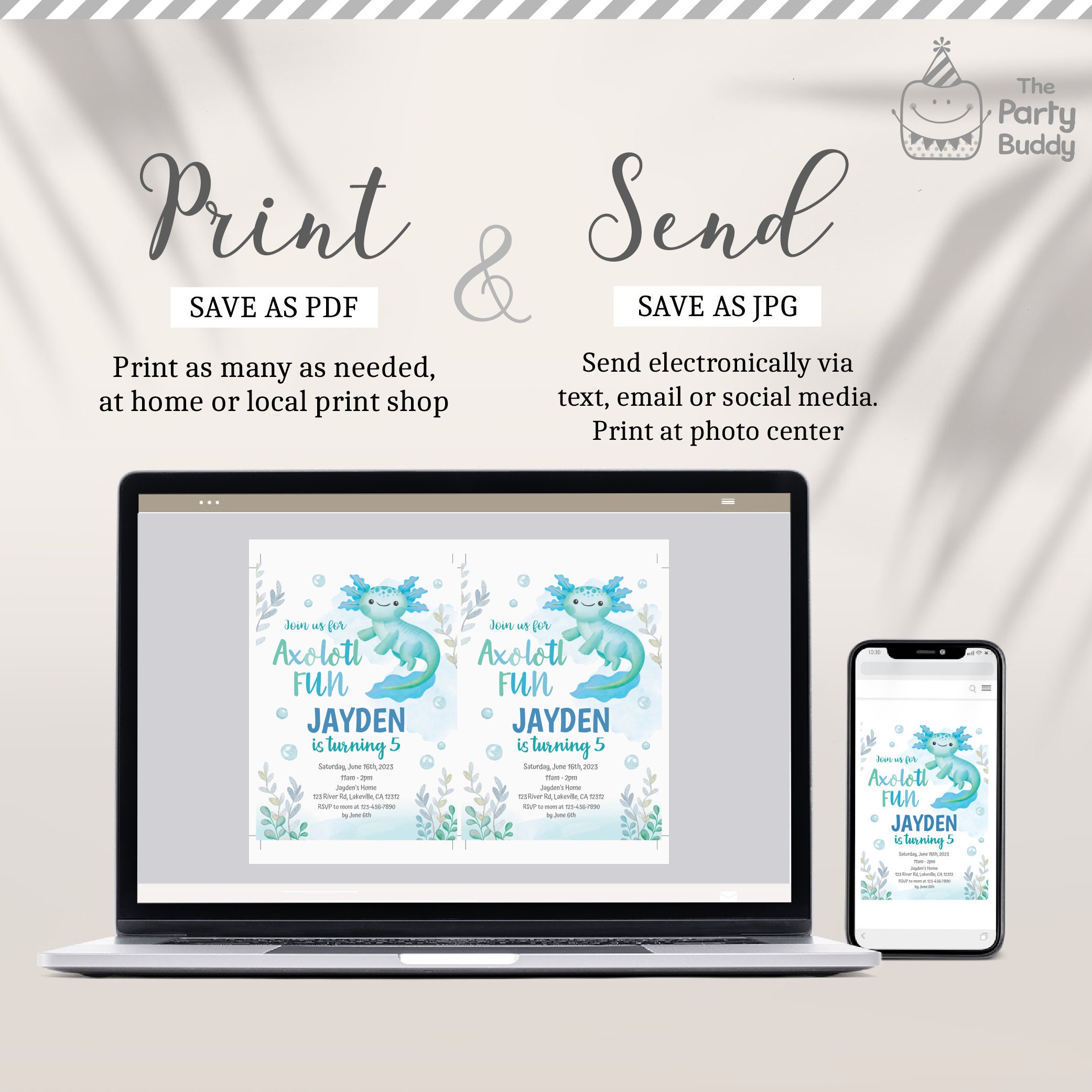 Editable Axolotl Fun Invitation | Boys Birthday Party Animal Blue ...