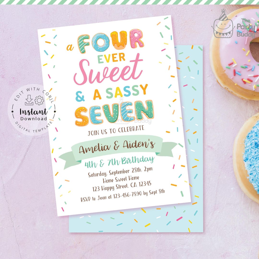 Editable Fourever Sweet Sassy Seven Invitation | Boy Girl Join Sibling ...