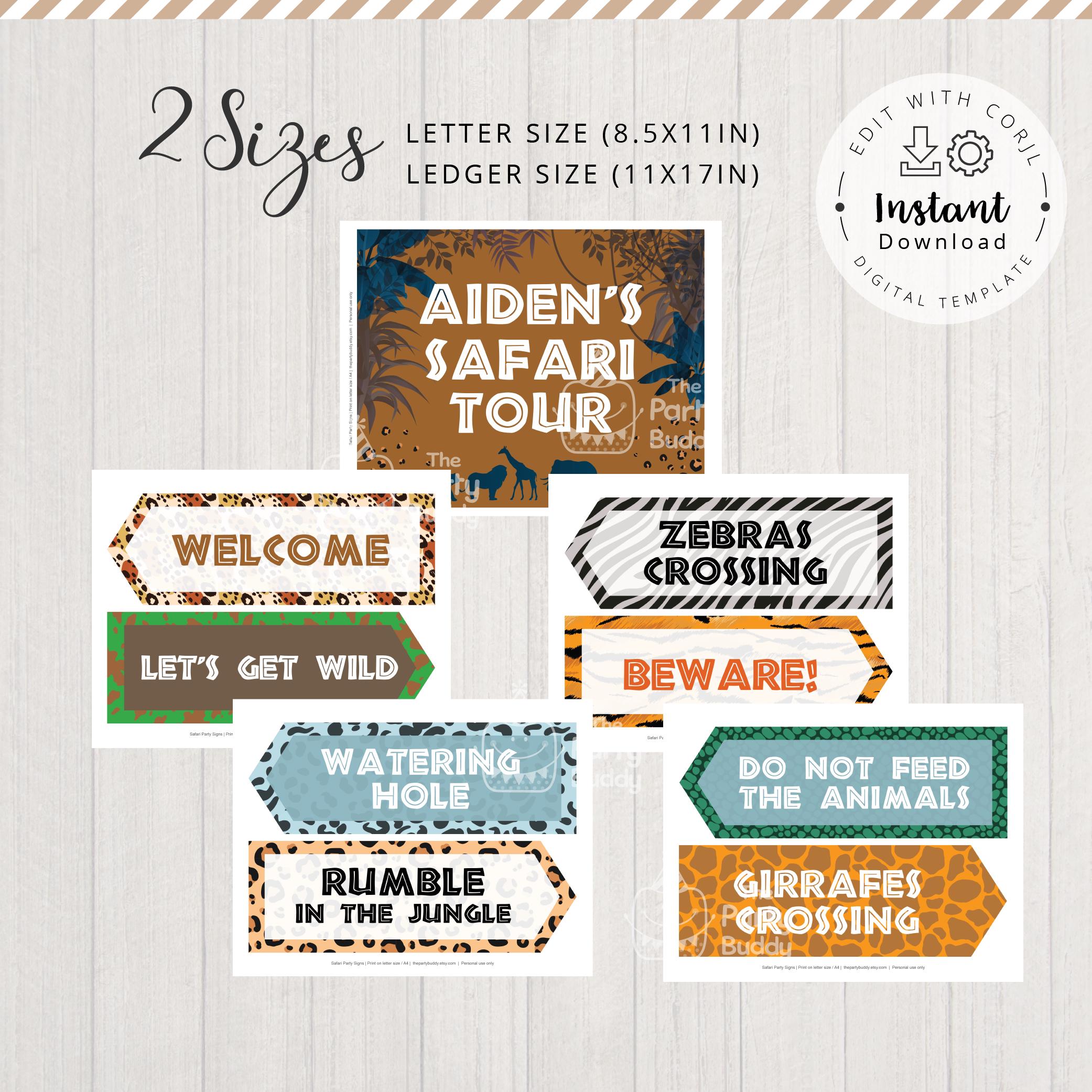 Editable Safari Animal Party Signs Decoration | Jungle Birthday Welcome ...