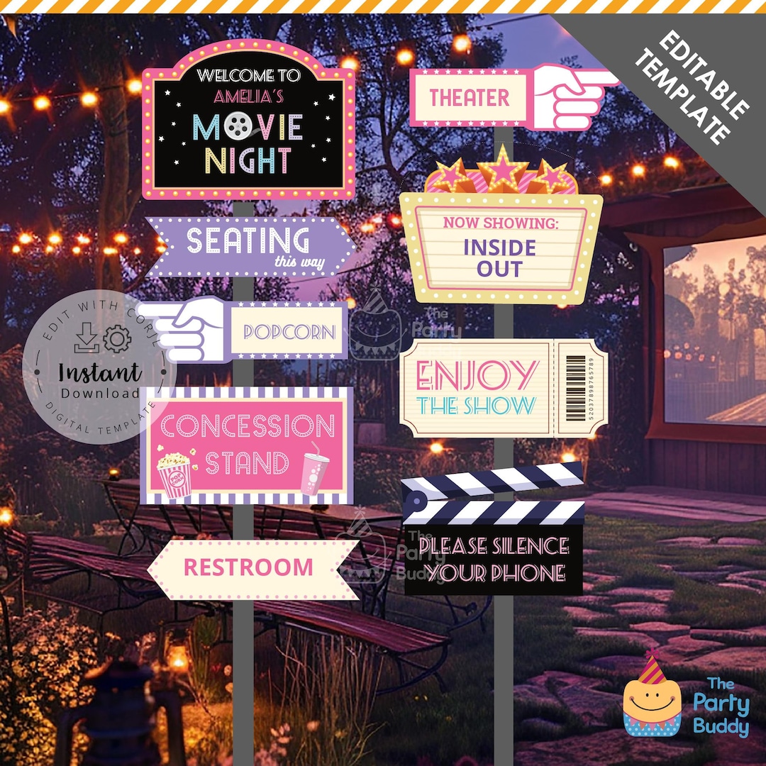 Editable Girls Movie Night Signs Decor | Movie Party Home Theater ...