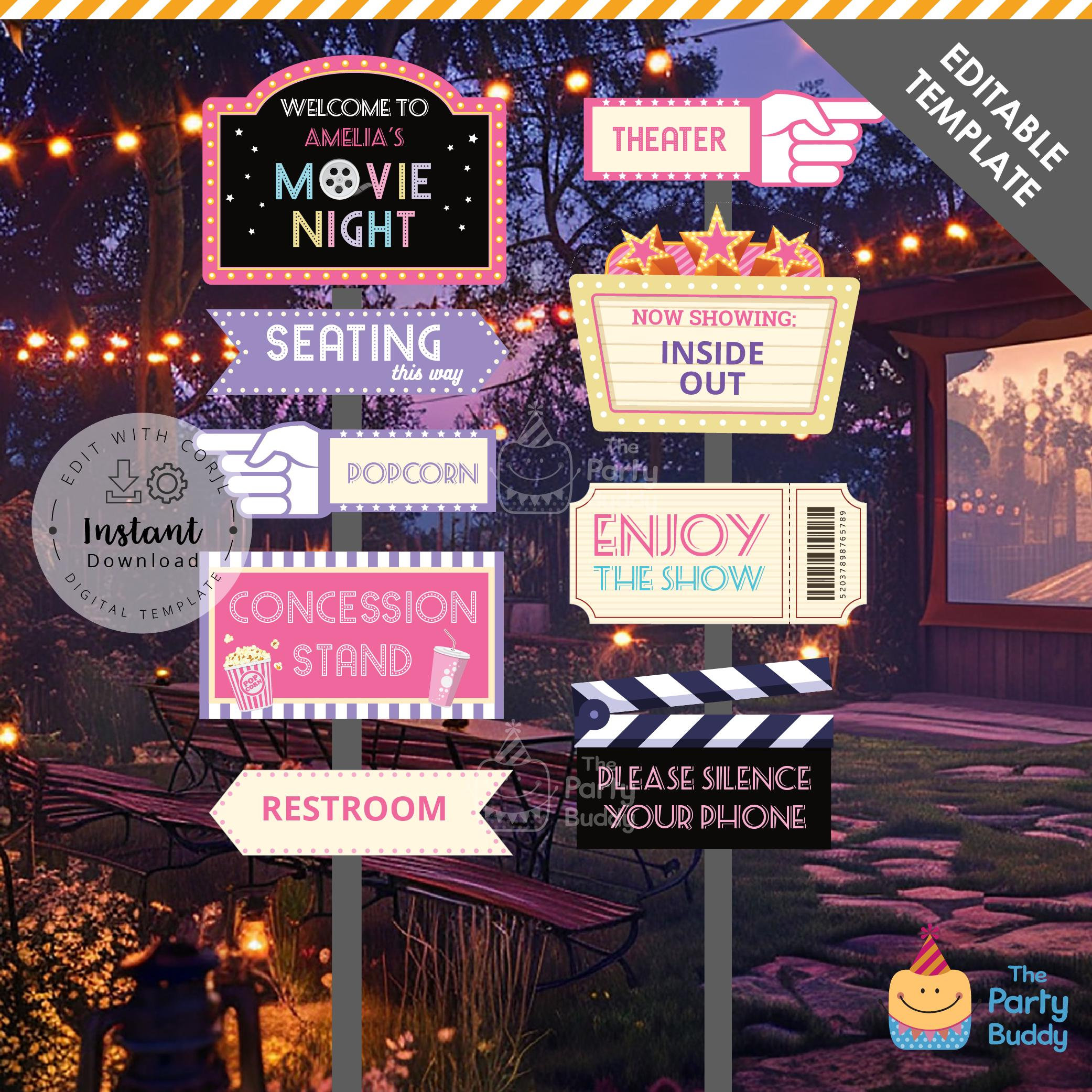 Editable Girls Movie Night Signs Decor | Movie Party Home Theater ...