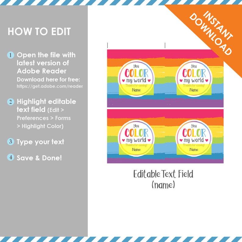 YOU Color My World Tag Printable | Kids Art BIRTHDAY Party Favor Treat ...