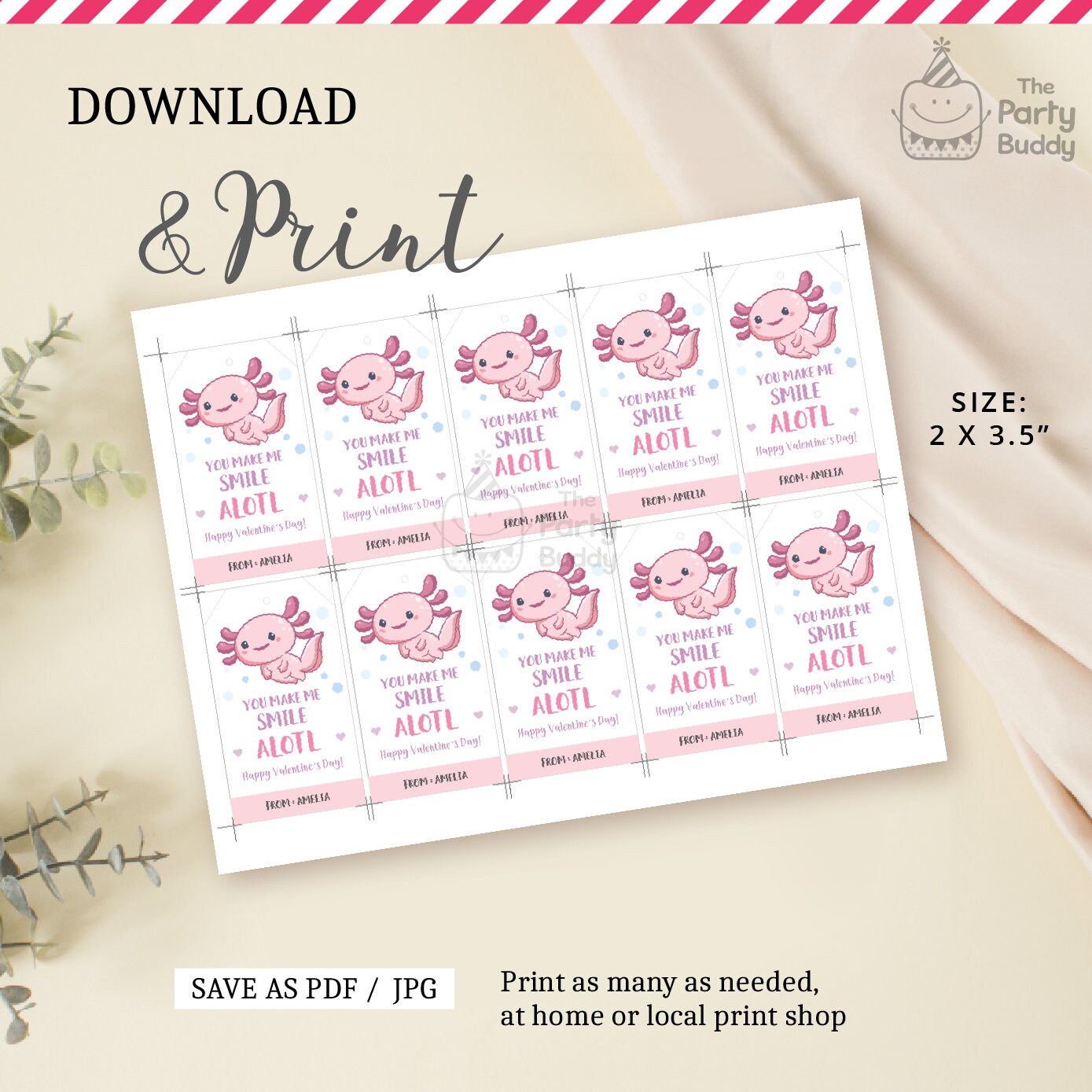 Classroom Valentine Smile Alotl Printable Tags | Valentines Axolotl ...