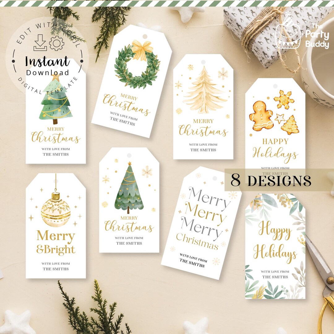 Elegant Christmas Gift Tags Bundle Gold Green Printable Holiday Favor ...