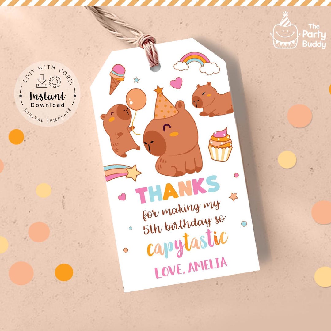 Capybara Birthday Favor Tag | Girl Capytastic Party Treat Thank You ...
