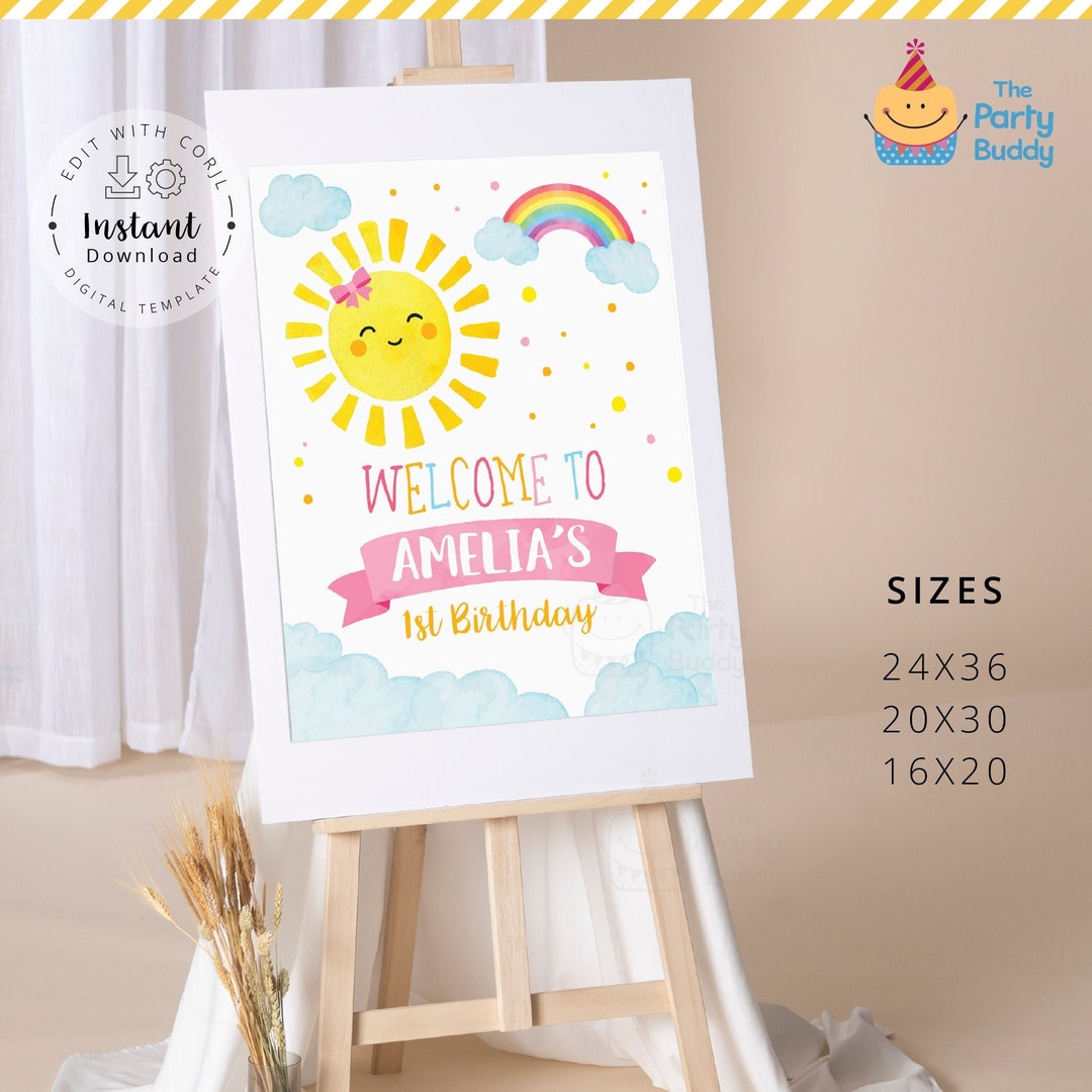 Editable Little Sunshine Rainbow Welcome Sign | Sun Shine Girl Birthday ...