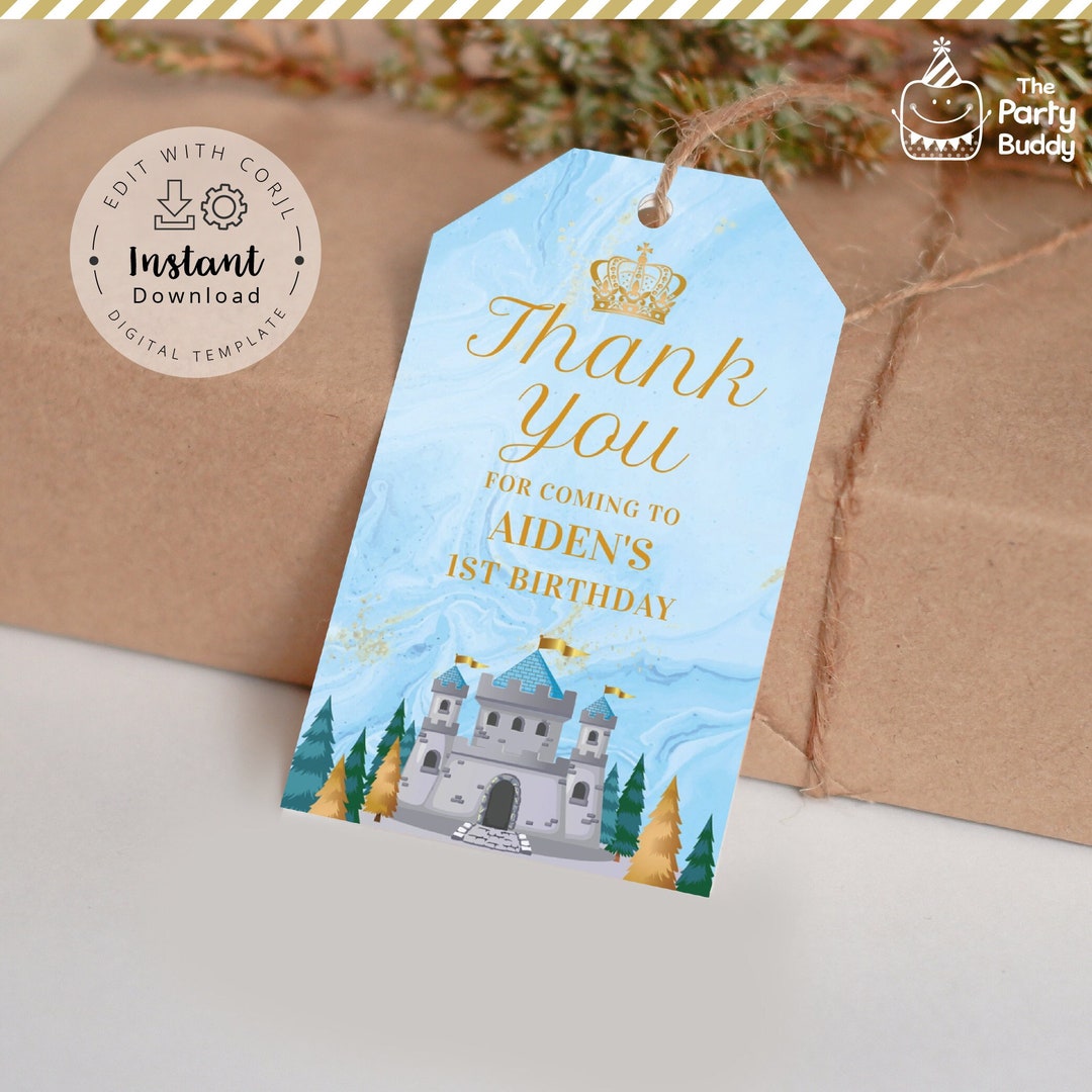 Royal Prince Thank You Tag Editable | Baby Blue Gold Boys Birthday ...