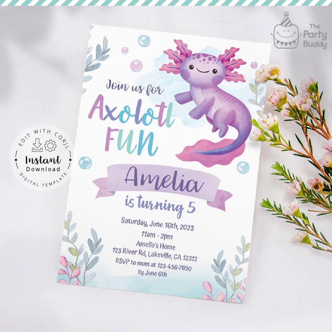 Editable Axolotl Fun Invitation | Girls Birthday Party Animal Purple ...