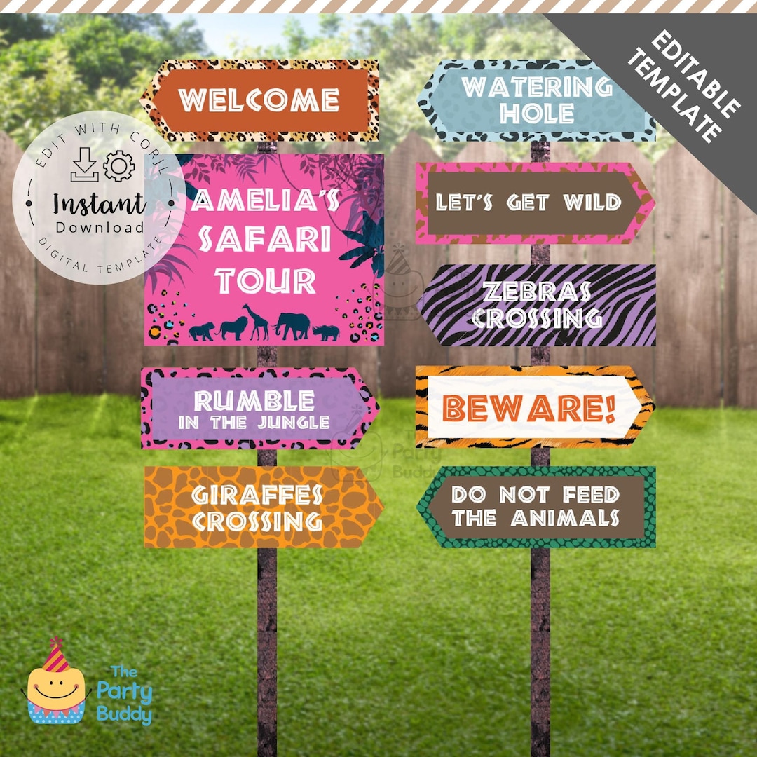 Editable Pink Safari Animal Signs Decoration | Jungle Birthday Welcome ...