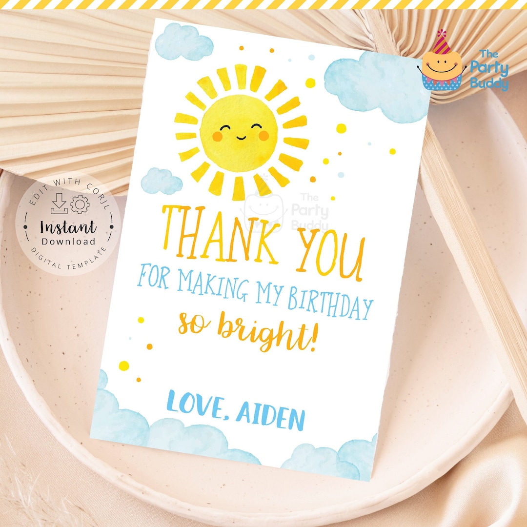 Editable Little Sunshine Boys Birthday Thank You Note Card 4x6 | Boy ...