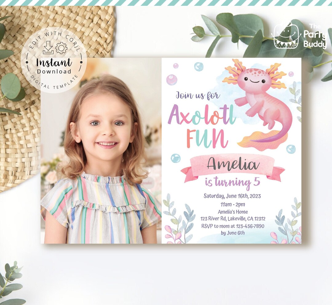 Editable Axolotl Photo Invitation | Cute Smiley Pink Axolot Girls ...