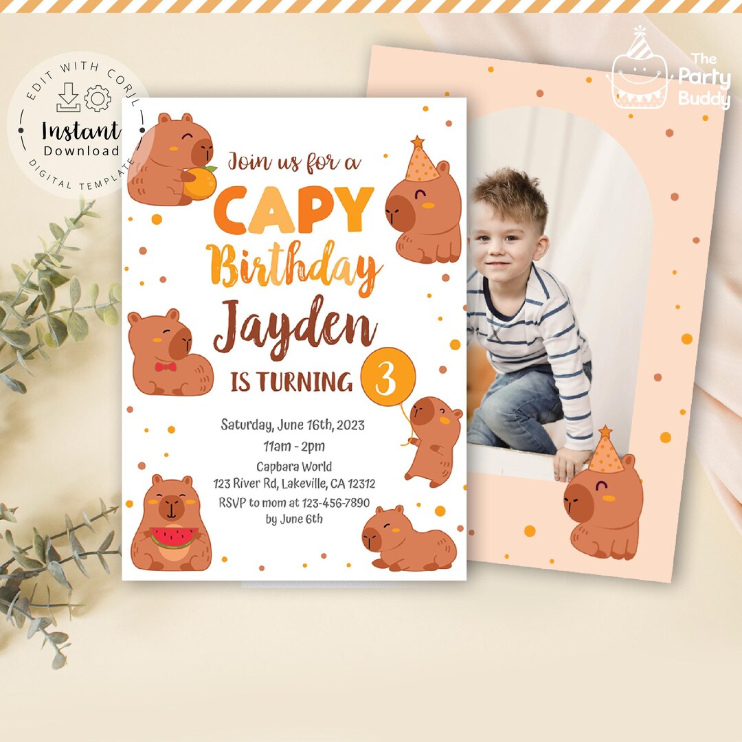 Editable Capybara Boy Birthday Invitation | Cute Capybara Party Invite ...