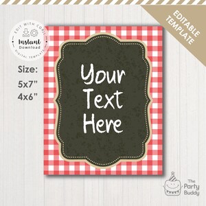 Editable Red Gingham Sign 5x7 4x6 Custom Text | Garden Picnic BBQ ...