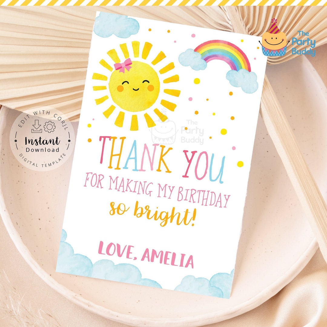 Editable Sunshine Rainbow Party Thank You Note Card 4x6 | Girl Summer ...