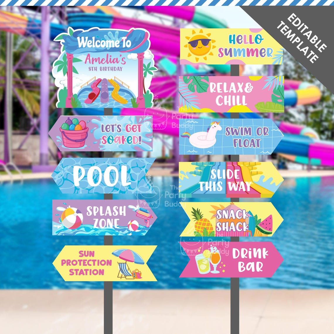 Editable Waterpark Directional Signs | Summer Water Splash Park Welcome ...
