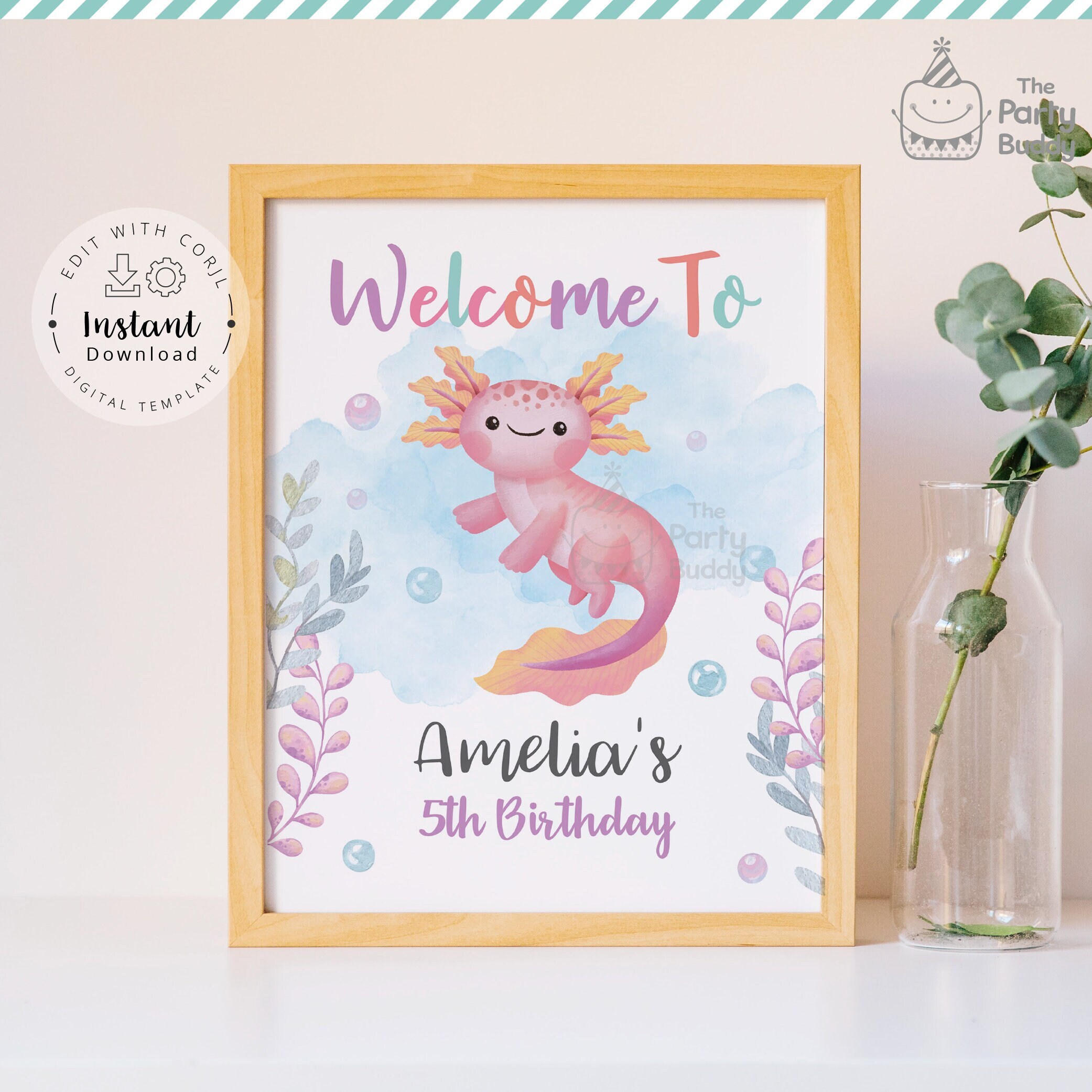 Editable Axolotl Welcome Sign 8x10 | Cute Pink Smiling Axolot Girl ...