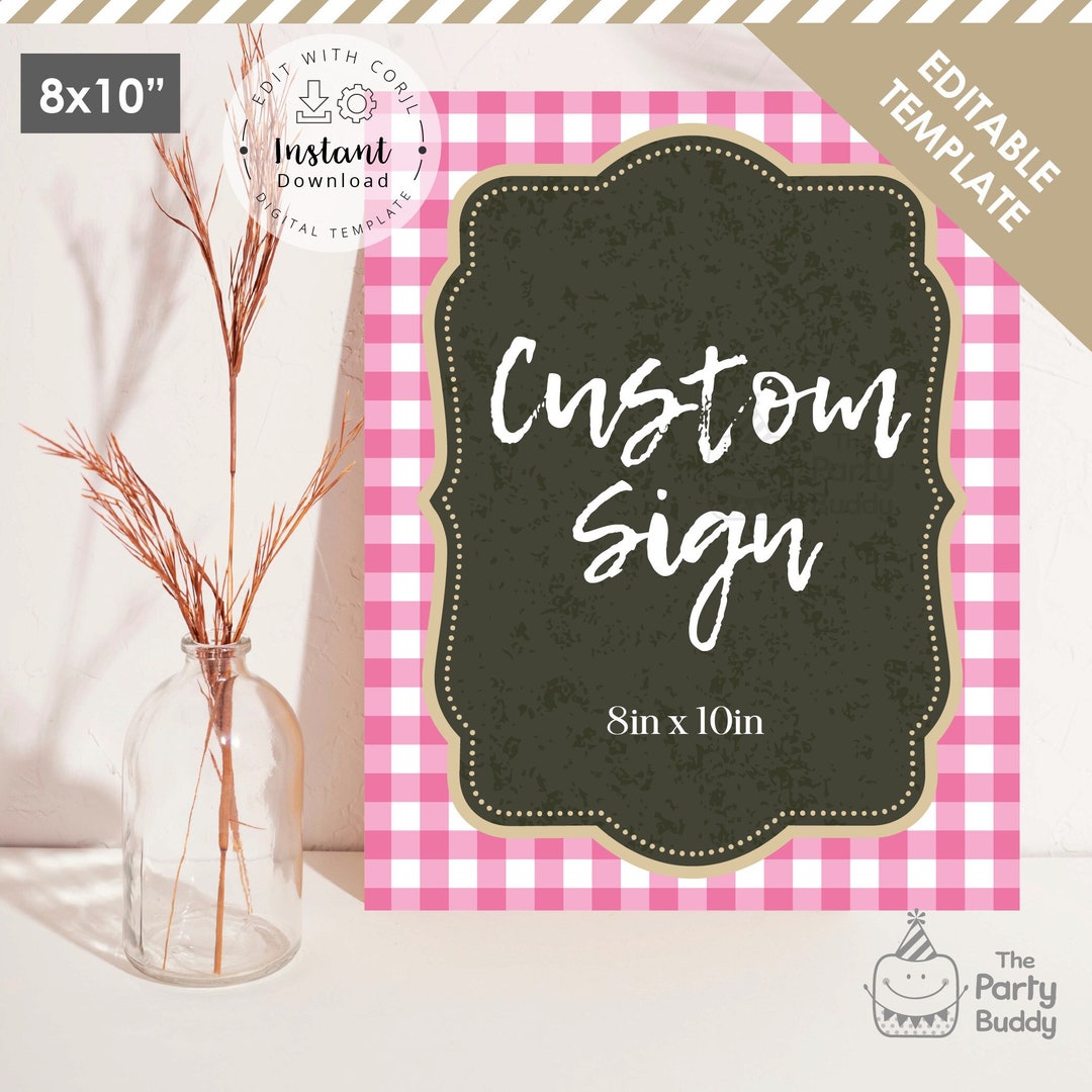 Editable Pink Gingham Farm Party Sign Custom Text 8x10 | Garden Picnic ...