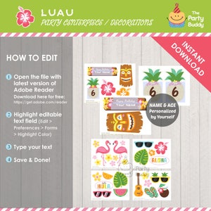 Luau Summer Party Centerpiece Decorations | Editable Text | Pool Beach ...