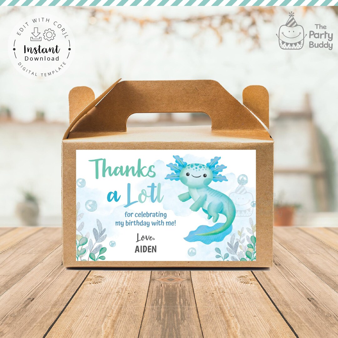 Blue Axolotl Party Favor Box Label Printable Editable | Axolot Birthday ...
