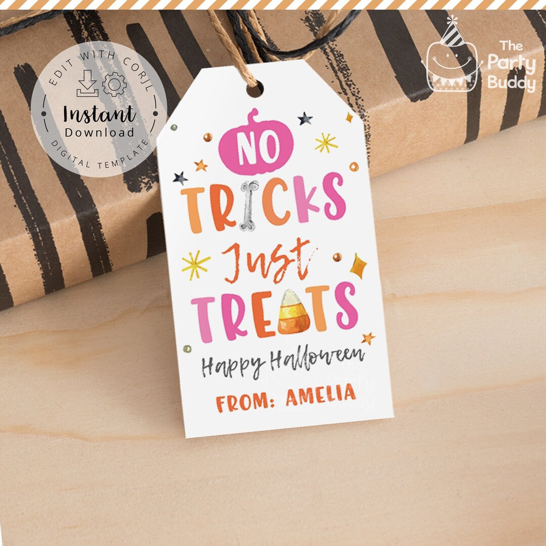 Halloween No Trick Just Treat Printable Tag | Kids Girl Pink Halloween ...