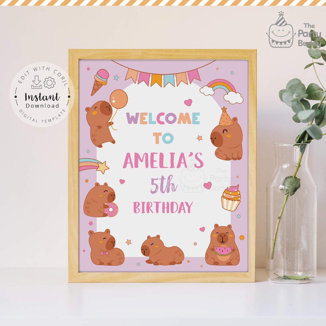 Capybara Girl Birthday Welcome Sign | Capybara Capy Birthday Party ...