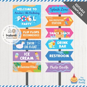 Editable Pool Party Signs Decoration | Summer Boy Girl Birthday Welcome ...