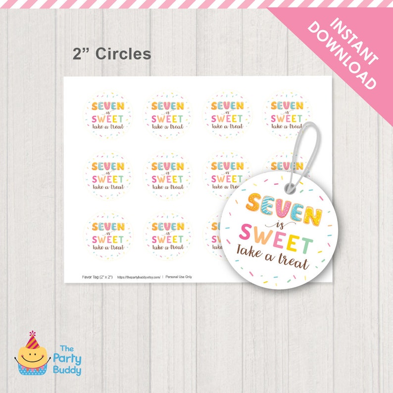 SEVEN is Sweet Circle Label Printable | Girls 7th Birthday Party Favor ...