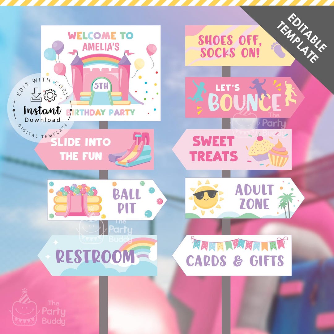 Bounce House Party Signs | Girl Birthday Pastel Bouncy Castle Welcome ...