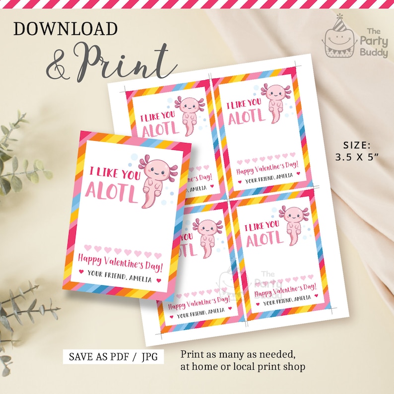 Kids Classroom Valentine Axolotl Printable Tags | Valentines Ajolote ...