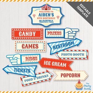 Editable Circus Carnival Party Signs Decoration | Boy Red Blue Birthday ...