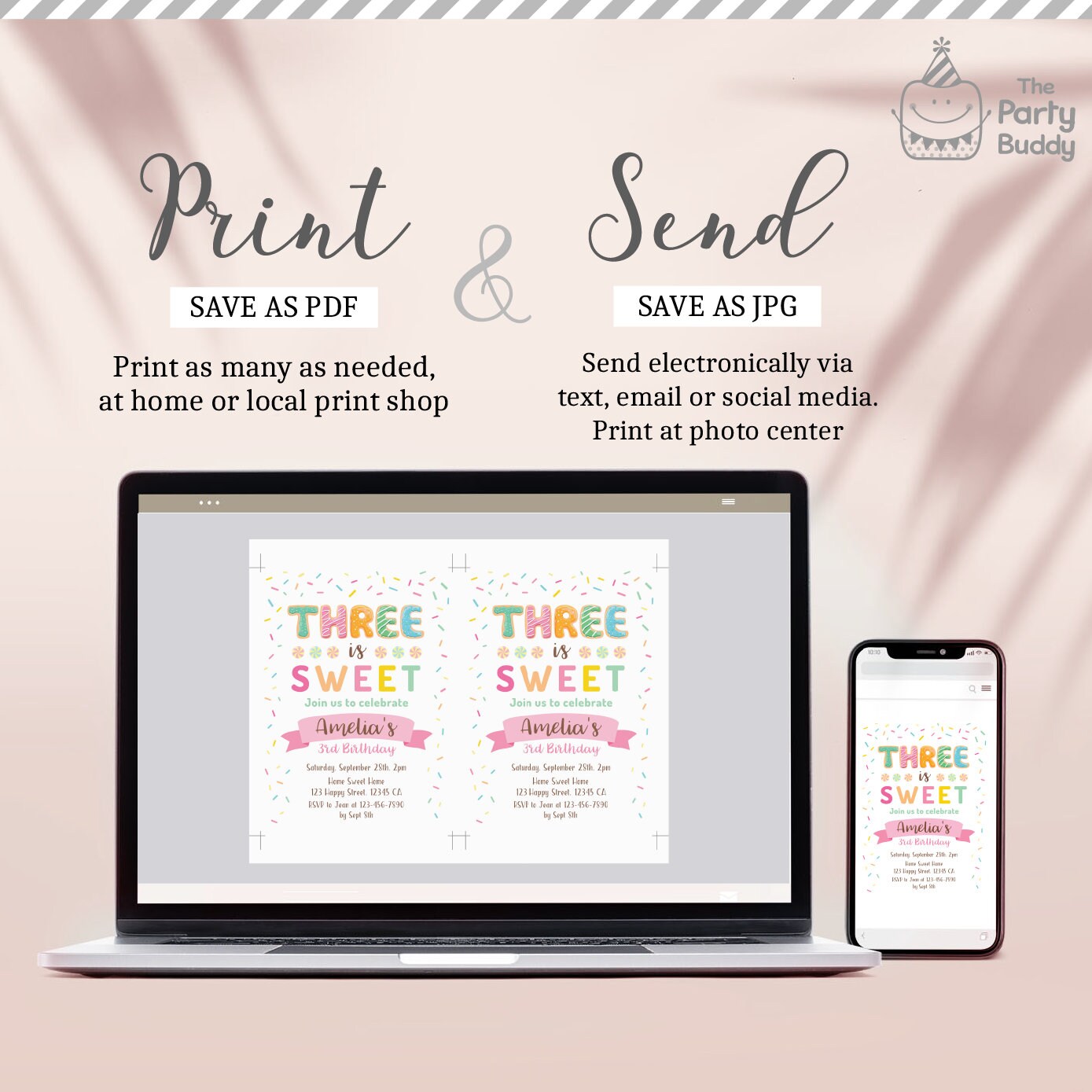 Editable Three is Sweet Invitation | Girls 3rd Birthday | Sweet ...