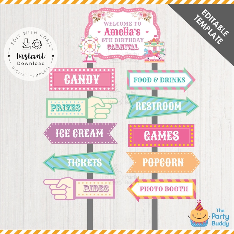Editable Carnival Party Signs Decoration | Girl Circus Birthday Sign Welcome Signage | Digital ...