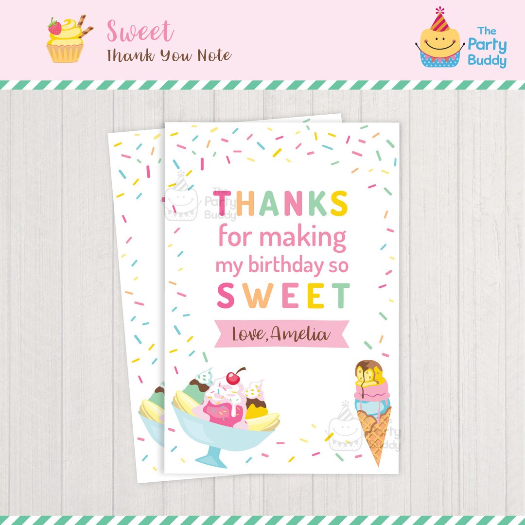 Sweet Birthday Thank You Note | Girls Ice Cream Sundae Party ...