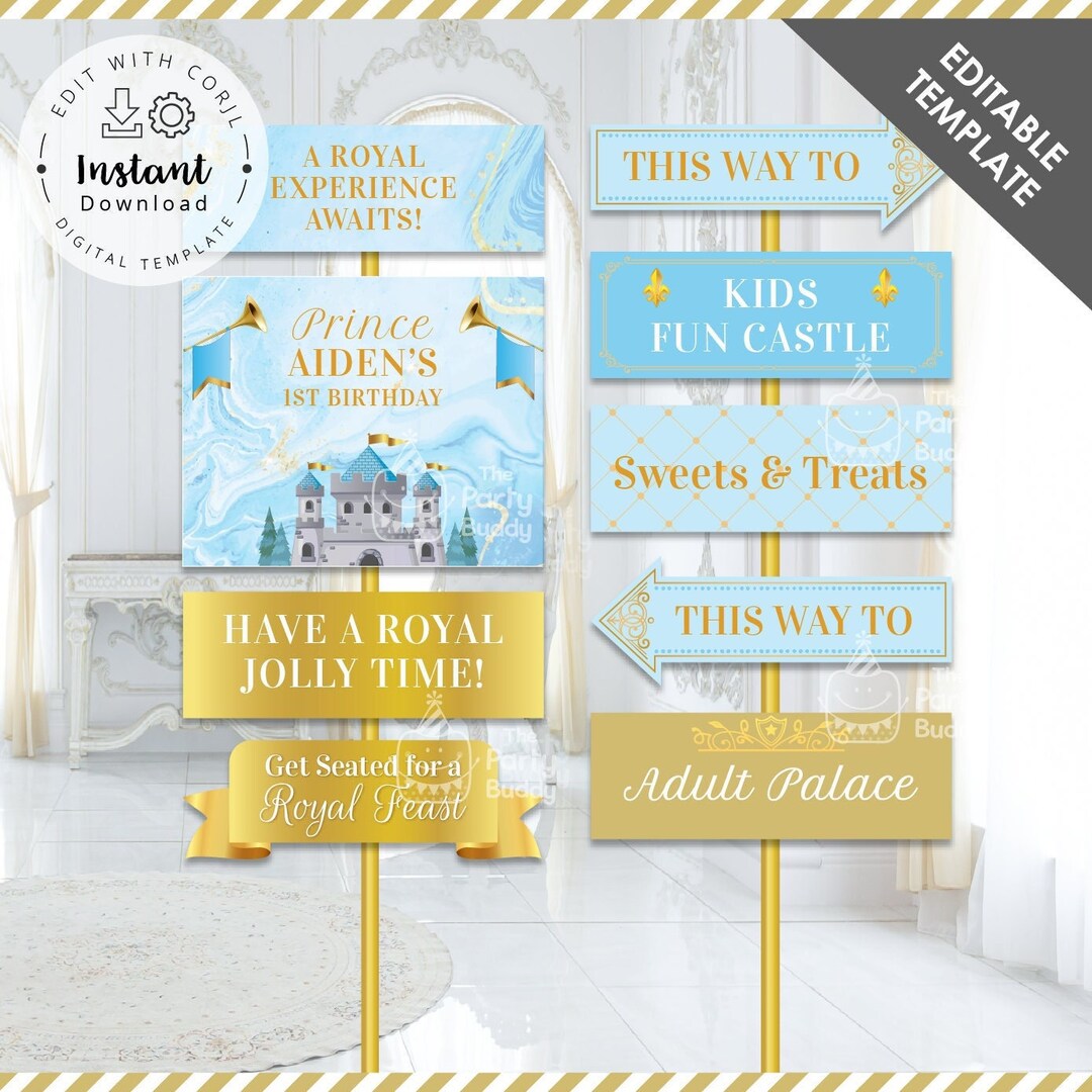Editable Royal Prince Party Signs Decoration | Boy Birthday Baby Blue ...