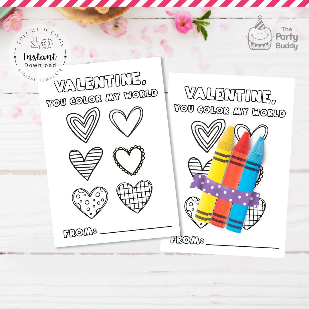 Black White Valentine Coloring Card | School Class Crayon Color Pencil ...