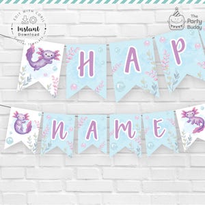Axolotl Happy Birthday Banner Printable | Girls Purple Blue Axolot ...